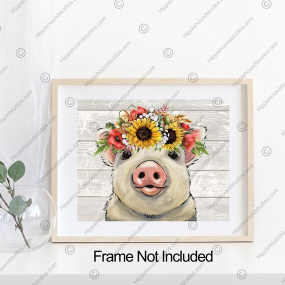 Pig Art Sunflower Pig Decor. Cute Pig With Flowers Print. - Etsy
