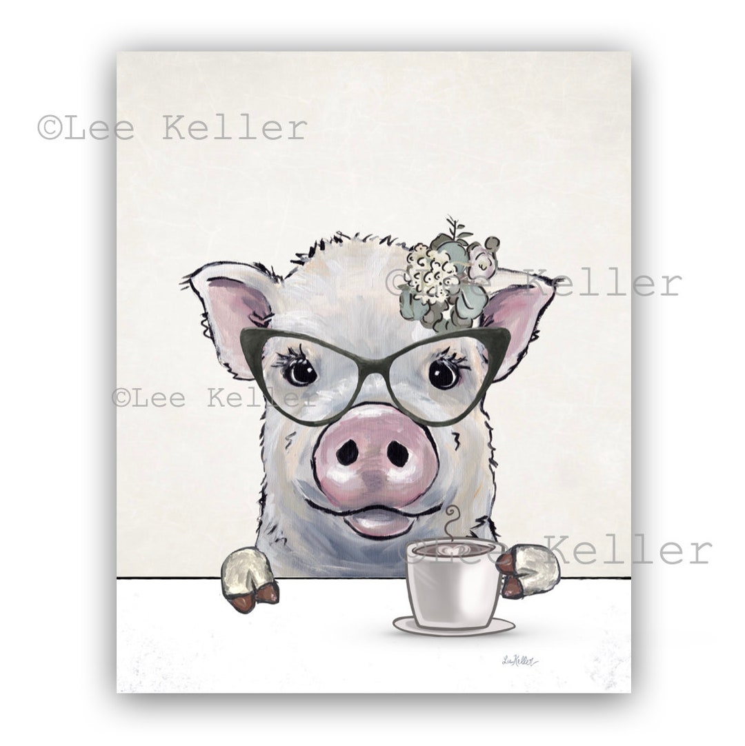 Pig Kitchen Art, Pig With Coffee Art, Farm Animal Kitchen Art - Etsy