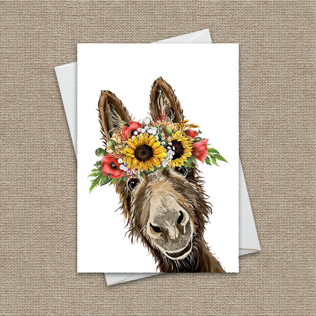 Sunflower Donkey Card 'raymond', 5x7" Donkey Greeting Card - Donkeys ...