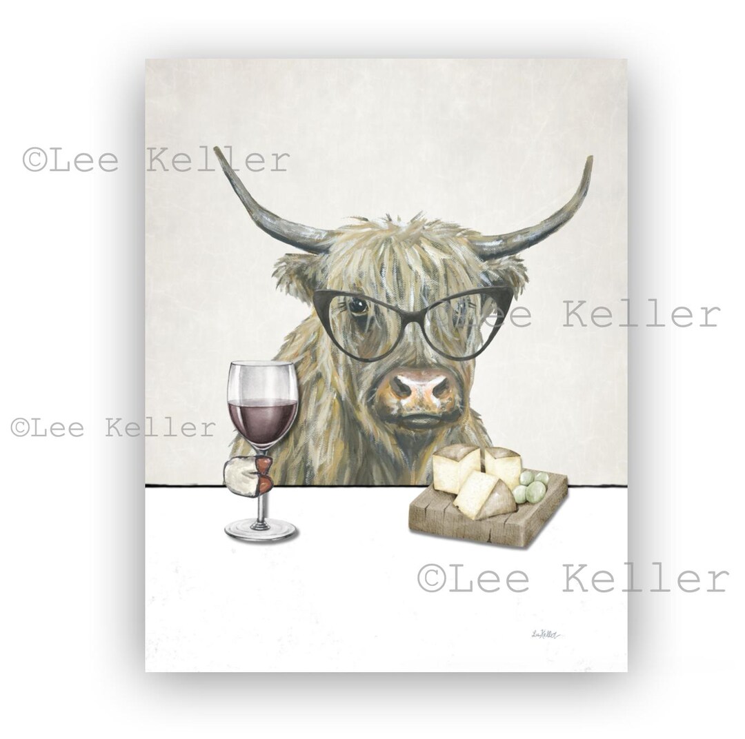 Highland Cow Kitchen Art - Highland Cow With Wine Art - Farm Animal ...