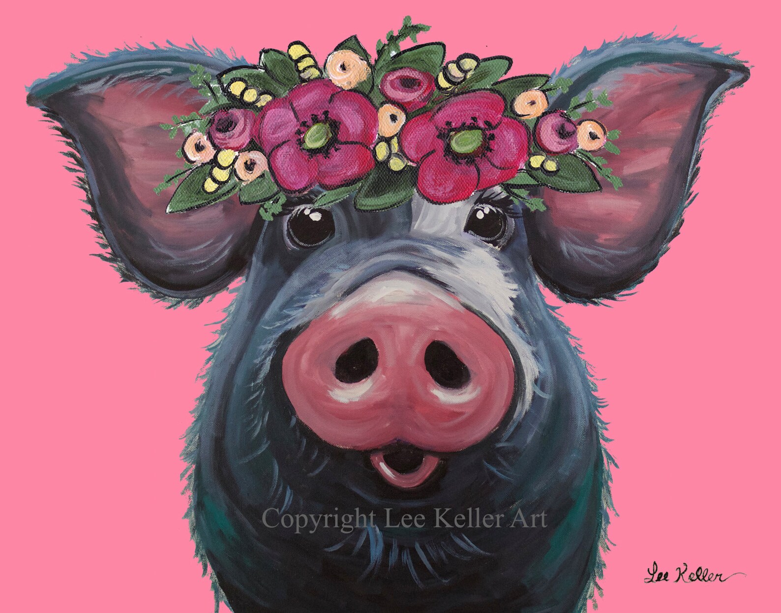 Pig art pig decor. cute pig with flower crown on canvas or | Etsy