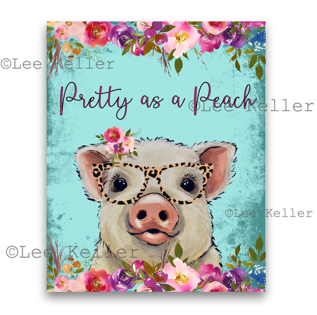 Pig Art, Pretty as A Peach Pig Decor. Turquoise Pig With Pink Flower ...