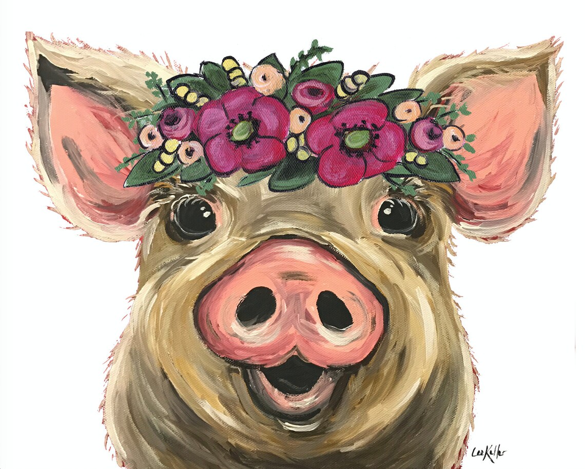 Pig Art Pig Decor. Cute Pig With Flowers Print. Farmhouse Pig | Etsy