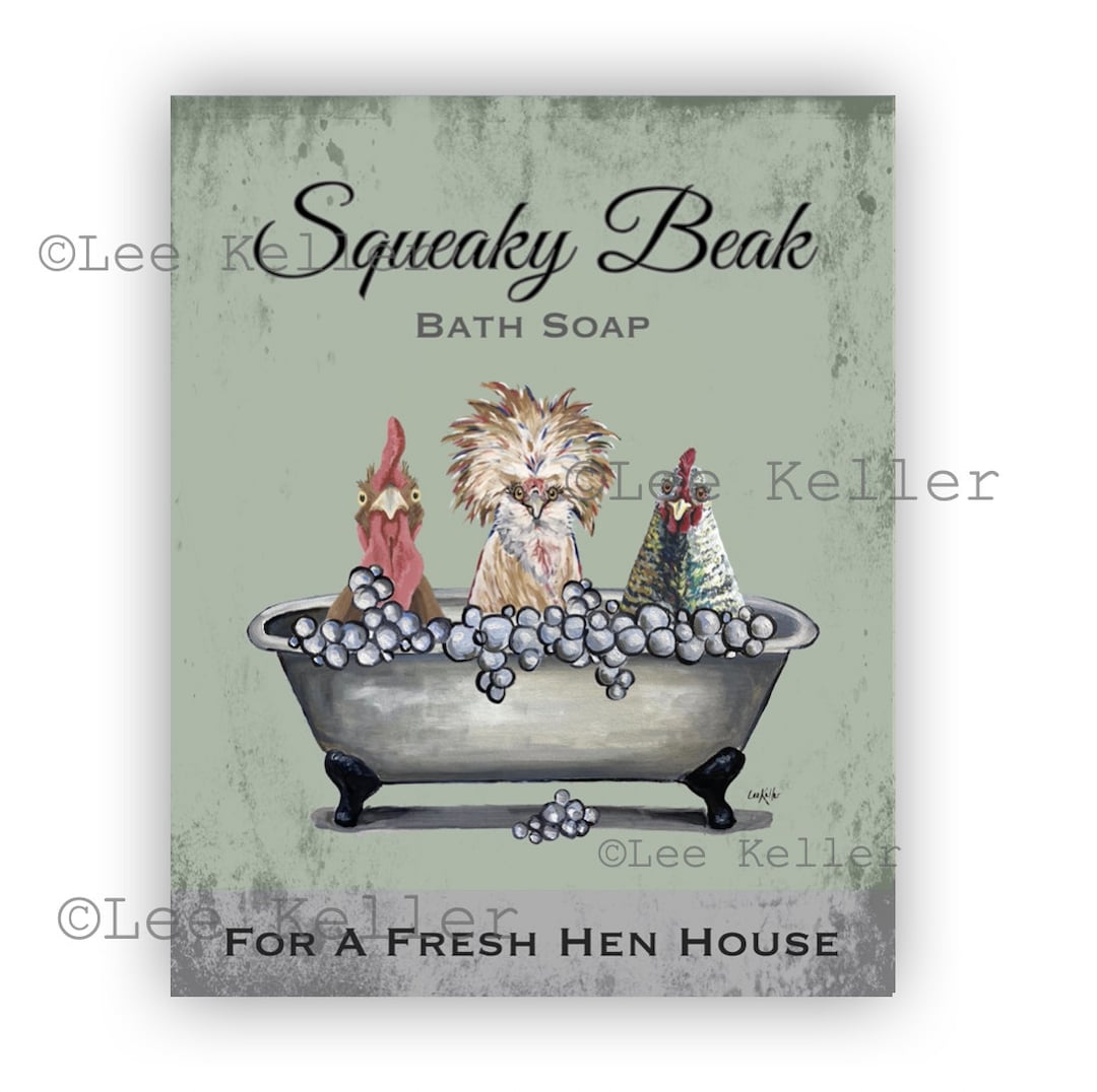 Farmhouse Chicken Bathroom Art Print - Farm Animals in Bathtub Art ...