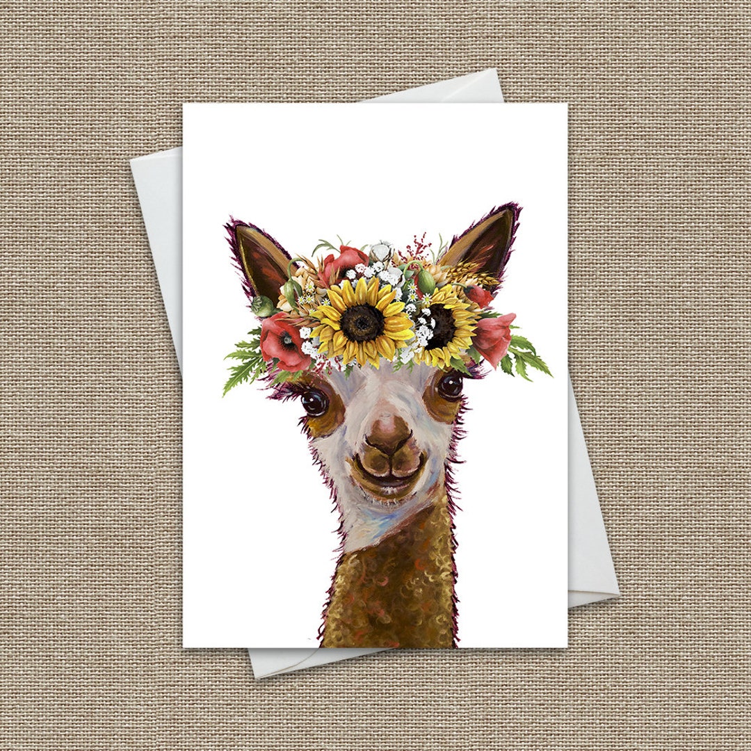 Sunflower Alpaca Card 'rosie', 5x7" Alpaca Greeting Card, Alpacas ...
