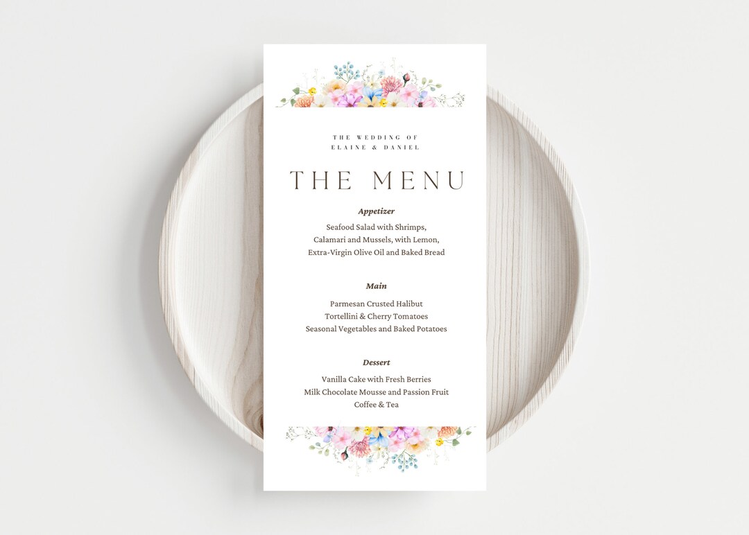 Spring Flowers Menu Vii/minimalist Pastel Wedding Botanical Dinner Menu ...