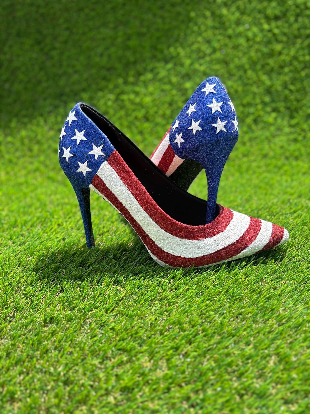 Custom, American Flag High Heels. Glitter Covered Red, White and Blue ...