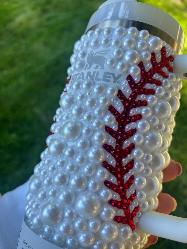 Pearl Baseball Stanley Quencher: White Tumbler, Baseball Mom Gift (20oz ...
