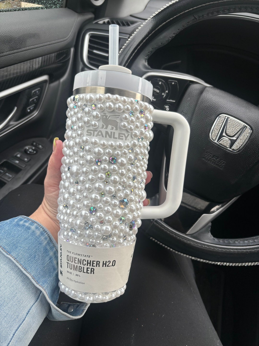 Clear Rhinestone and White Pearl Stanley Quencher: Custom Insulated ...