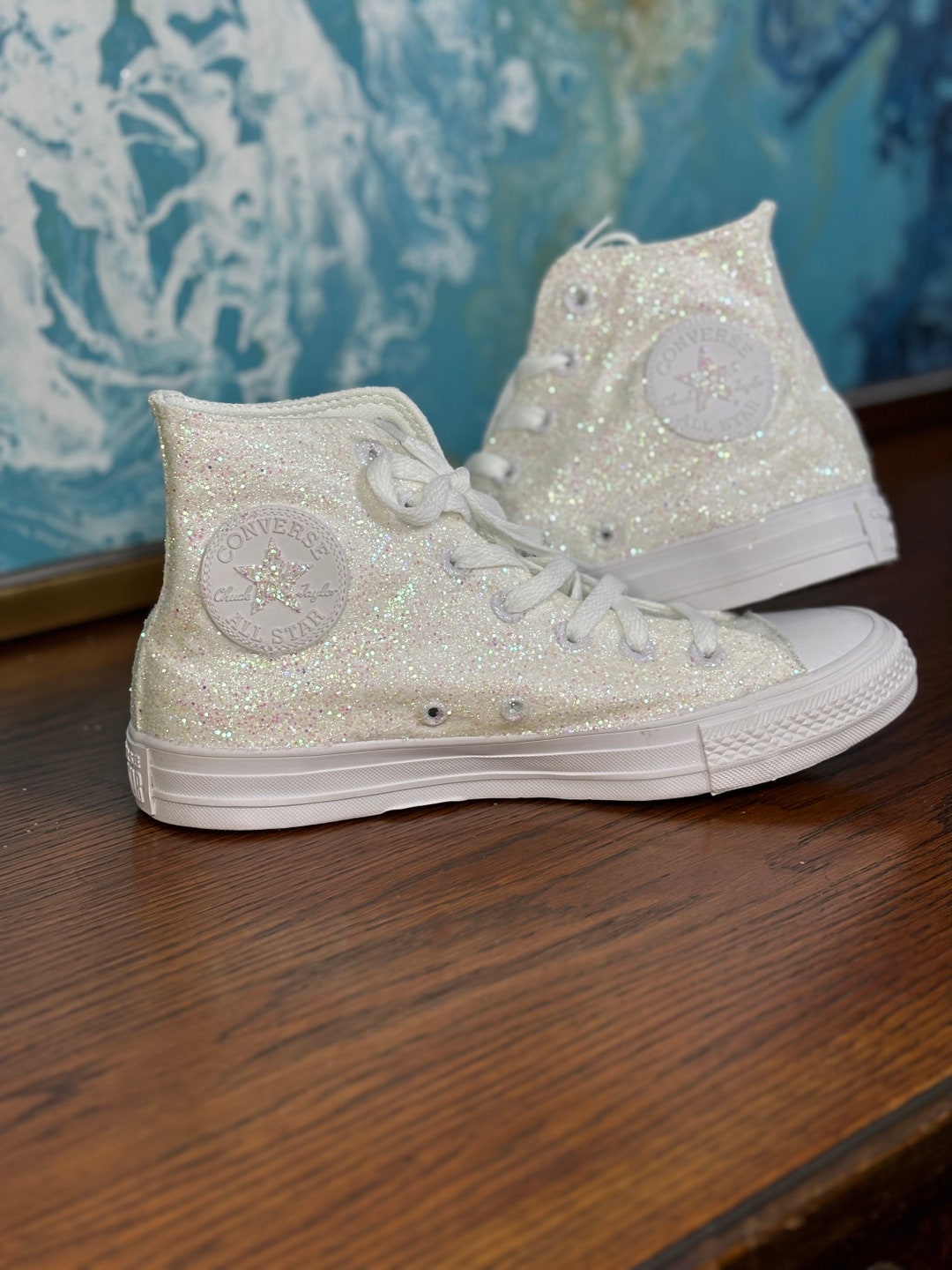 Custom White Glitter Converse All Stars. Sparkly Classic White High Top ...