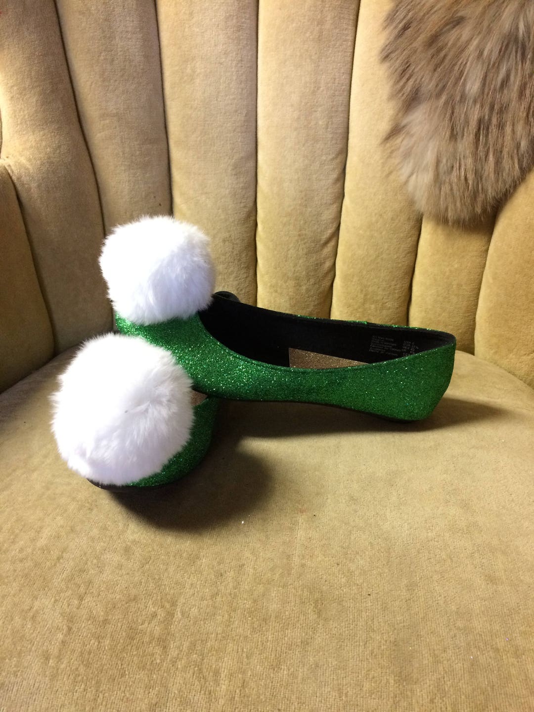 Tinkerbell Inspired Ballet Flats: Green Glitter Fairy Shoes With Poufs ...