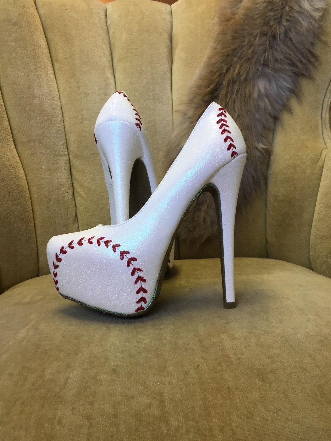 Made to Order. White and Red Glitter Baseball High Heels - Etsy