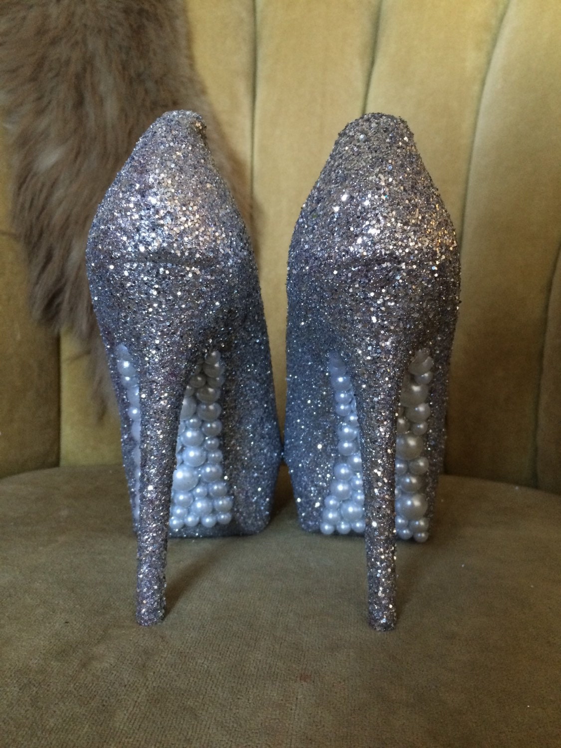 Glitter Bridal Heels: Silver Open Toe Shoes With Pearl Accents - Etsy