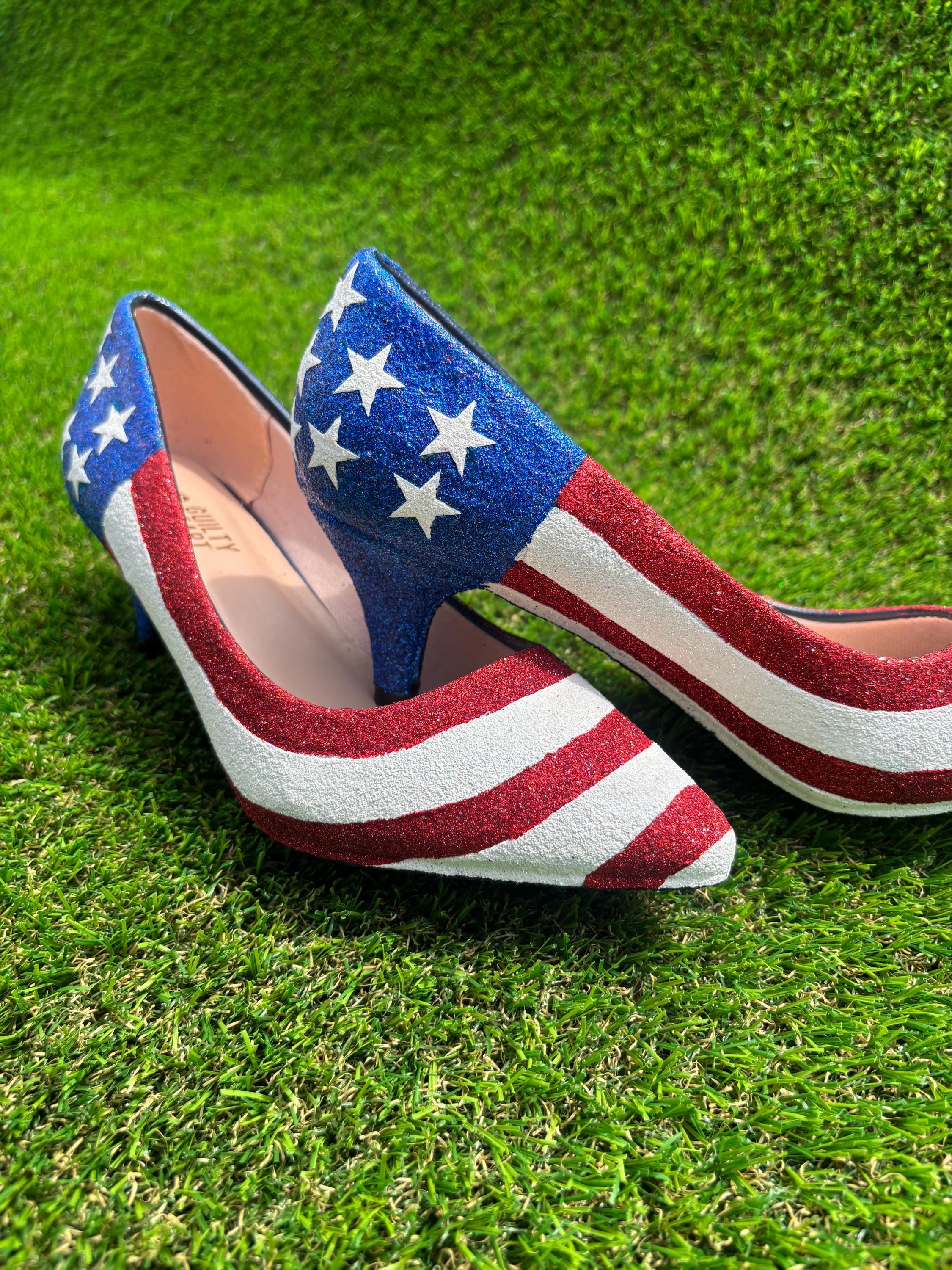 Custom, American Flag High Heels. Glitter Covered Red, White and Blue ...