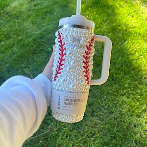Pearl Baseball Stanley Quencher: White Tumbler, Baseball Mom Gift (20oz ...