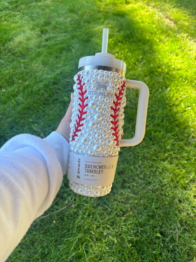 Pearl Baseball Stanley Quencher: White Tumbler, Baseball Mom Gift (20oz ...