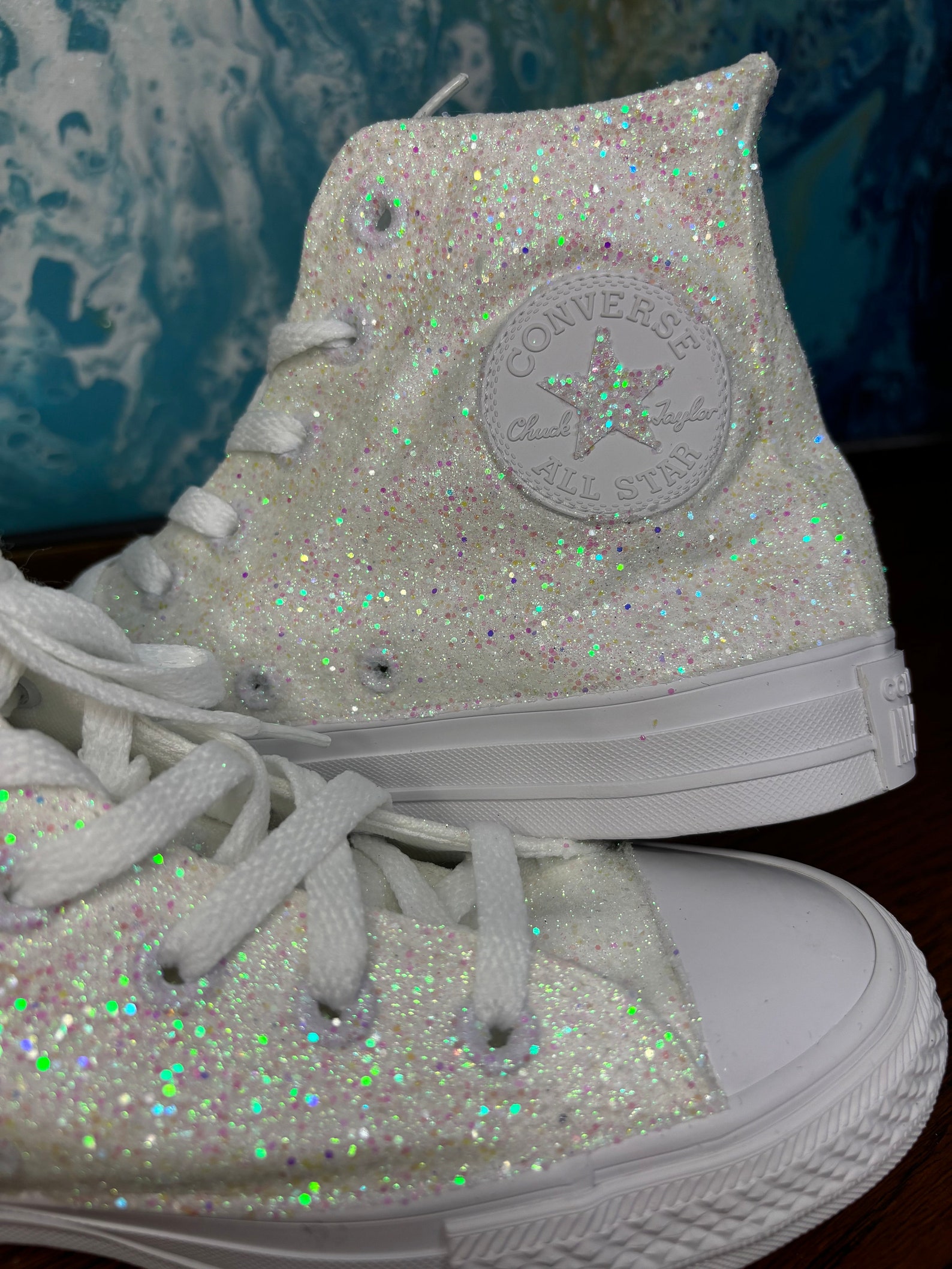 Custom White Glitter Converse All Stars. Sparkly Classic White High Top ...