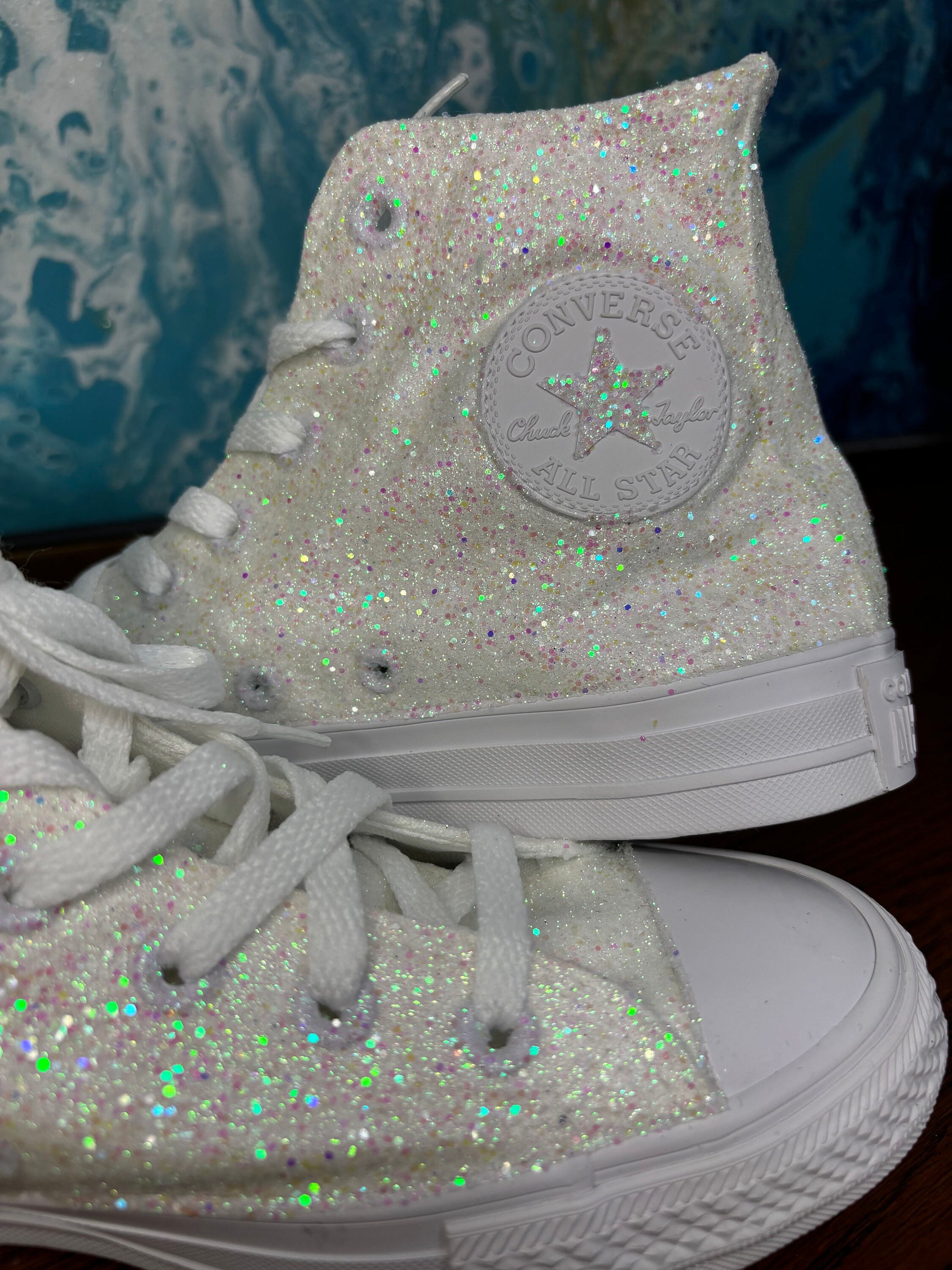 Custom White Glitter Converse All Stars. Sparkly Classic White High Top ...