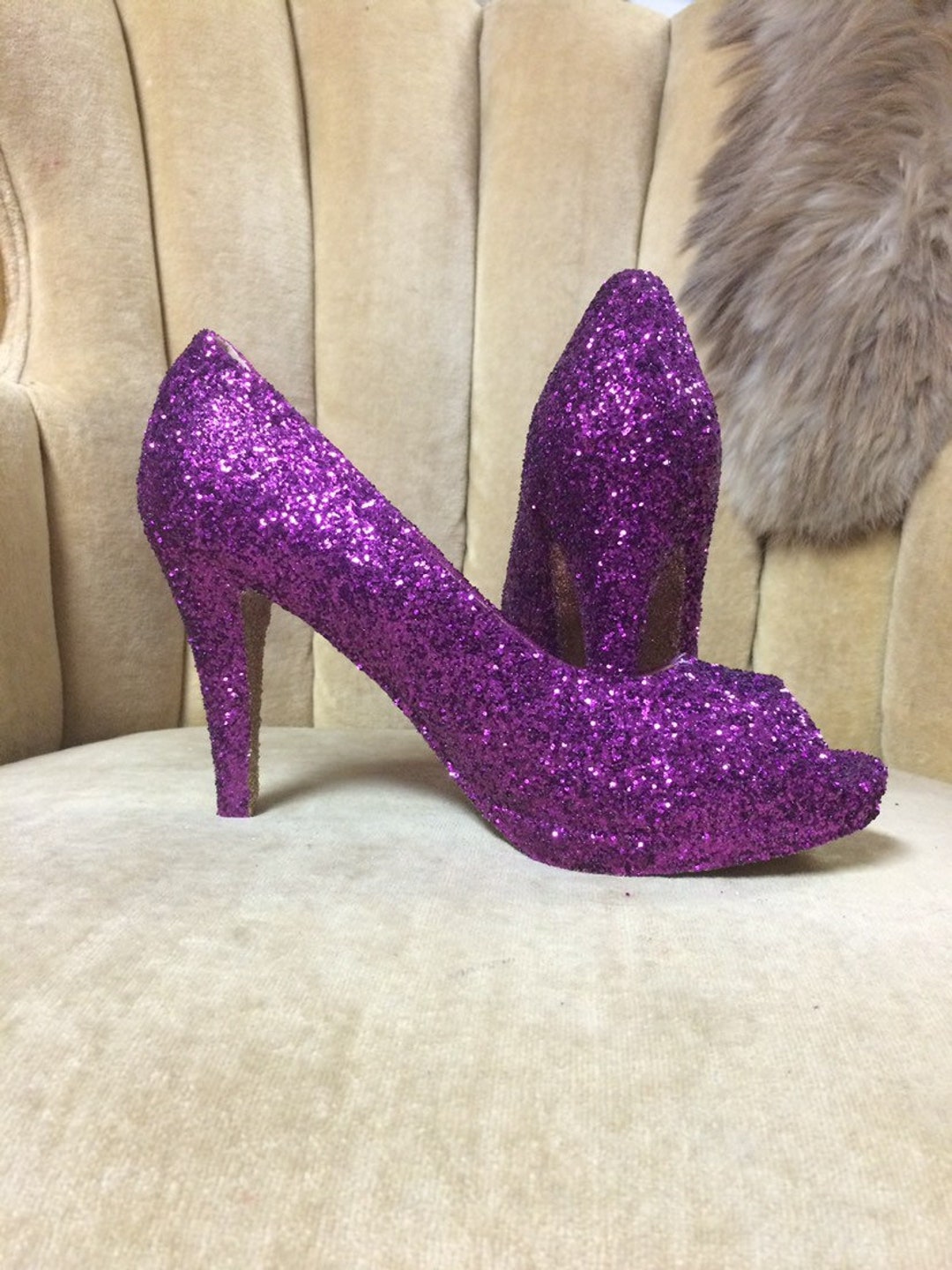 Glitter High Heels. Purple and Yellow Gold Heels . Bridal Shoes. Custom ...