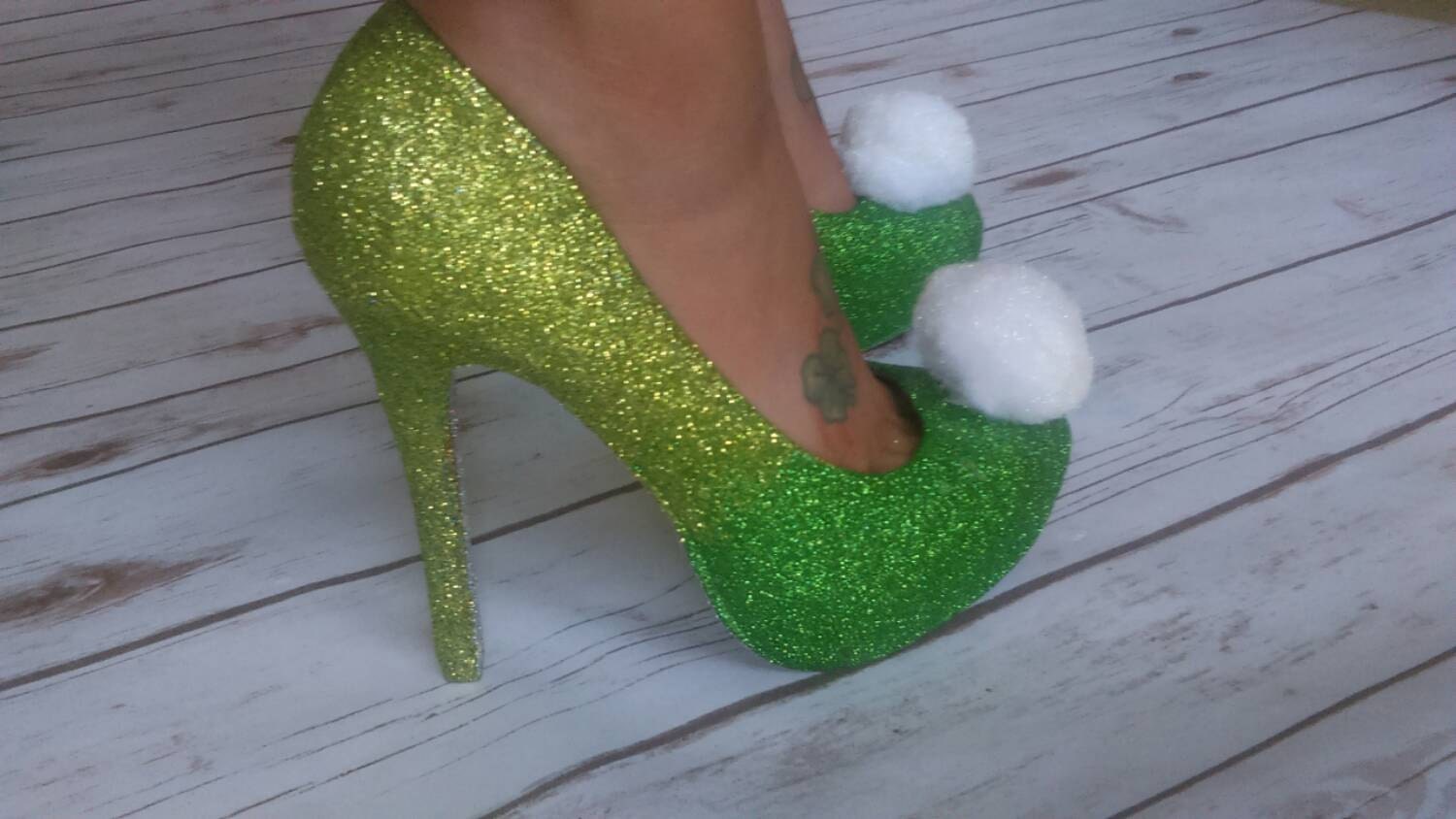 Custom Made, Green and Silver Ombre Glitter High Heels. Tinker Bell ...