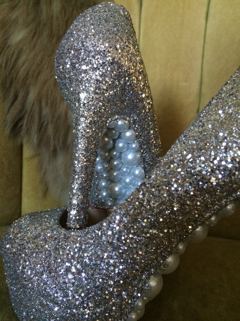Glitter Bridal Heels: Silver Open Toe Shoes With Pearl Accents - Etsy