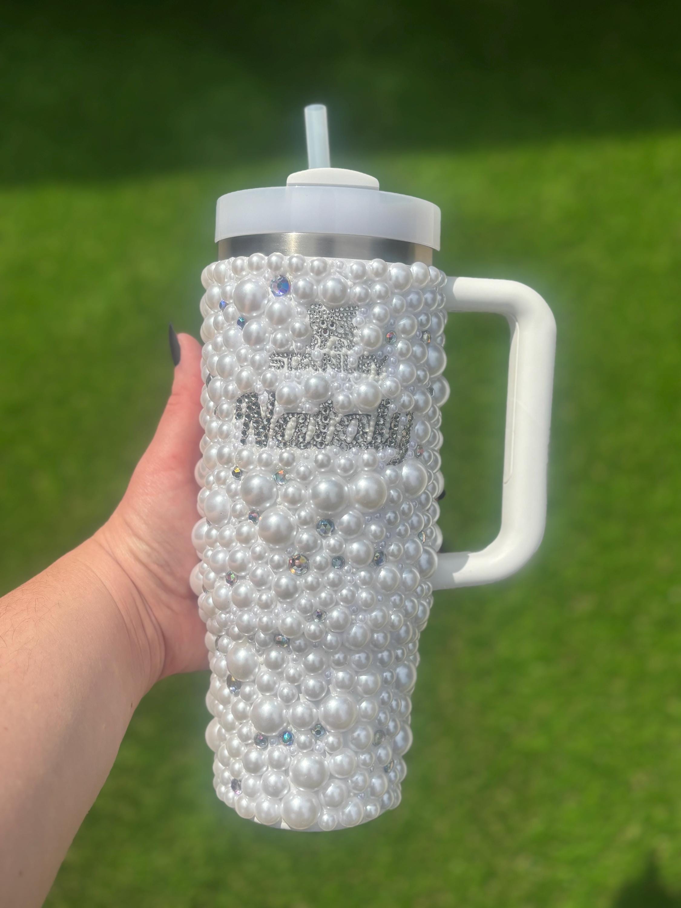 Personalized Pearl & Rhinestone Stanley Quencher - Custom Name Silver ...
