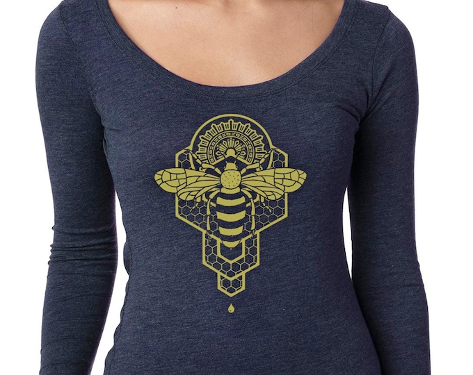 Bee Screen Printed Ladies Long Sleeve Scoop Neck Shirt | Etsy