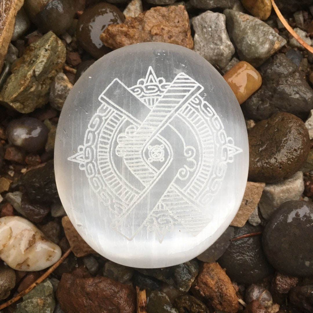 Ollin Aztec Art Selenite Palm Stone Laser Etched Original Artwork Dance ...