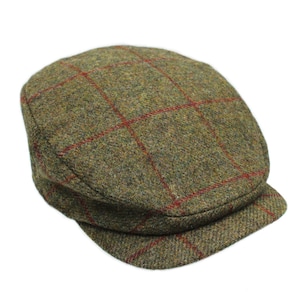 British Wool Tweed Bond Style Flat Cap Elongated Peak Quilted Satin ...