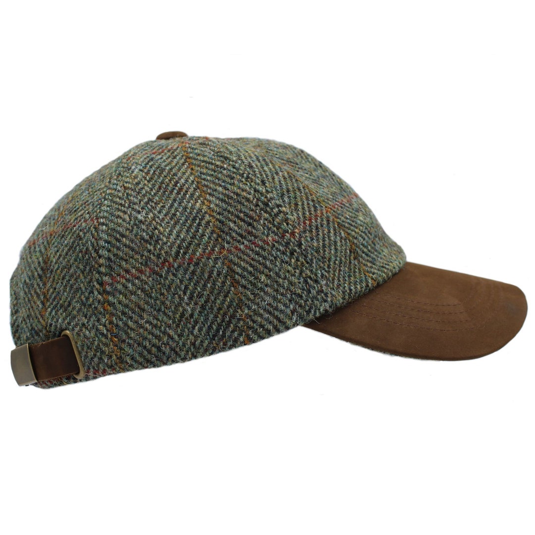 Genuine Harris Tweed Baseball Cap Real Leather Peak Adjustable Strap ...