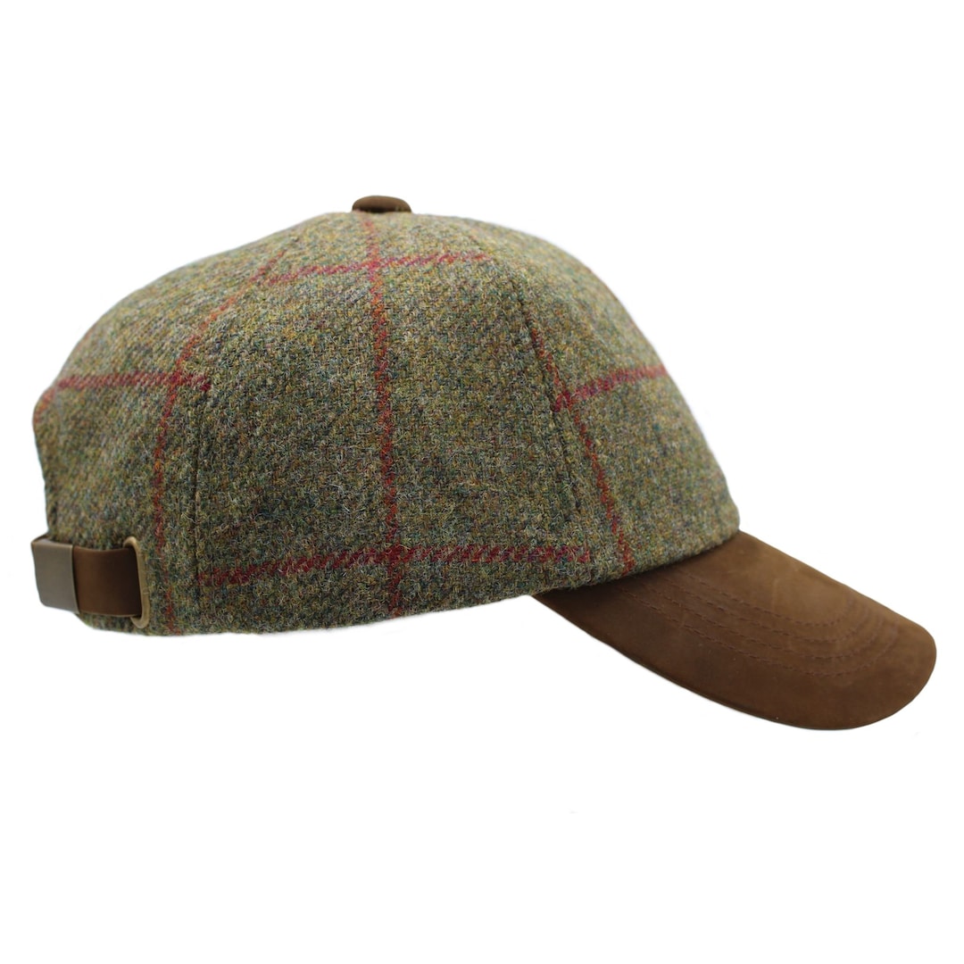 British Wool Tweed Baseball Cap Genuine Leather Peak Adjustable Strap ...