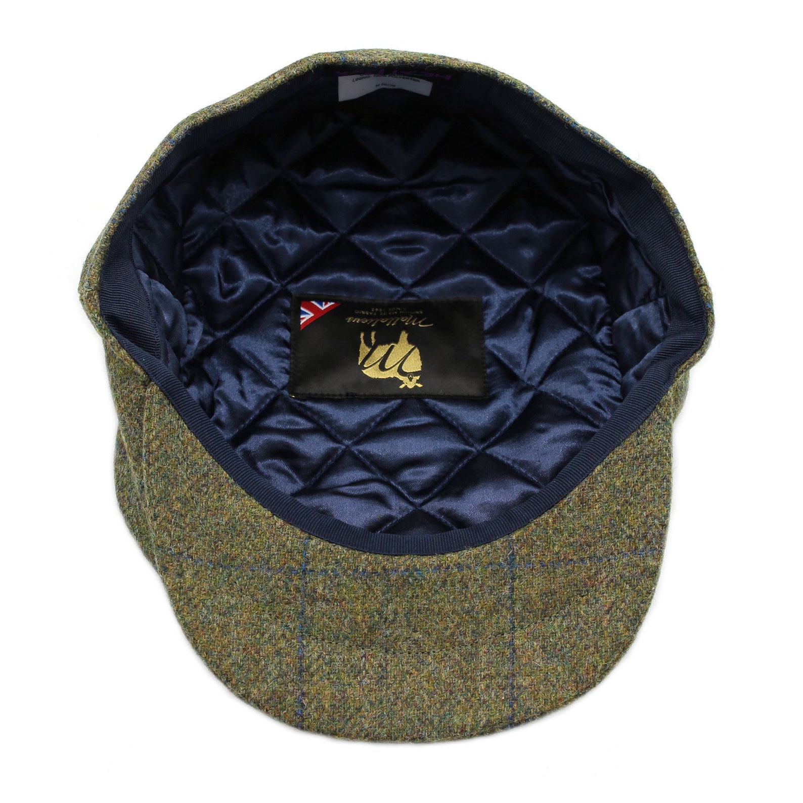 British Wool Tweed Bond Style Flat Cap Elongated Peak Quilted Satin ...