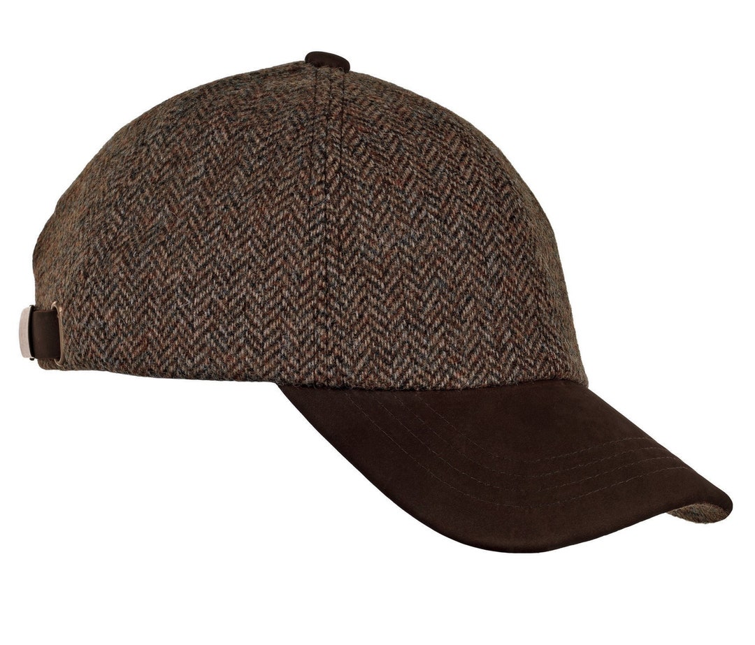 British Wool Tweed Baseball Cap Genuine Leather Peak Adjustable Strap ...