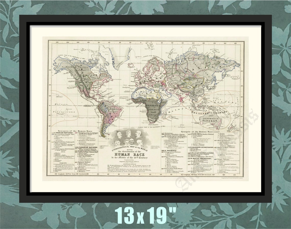 1850 Ethnographical, Map of the World, the Human Races, World History ...