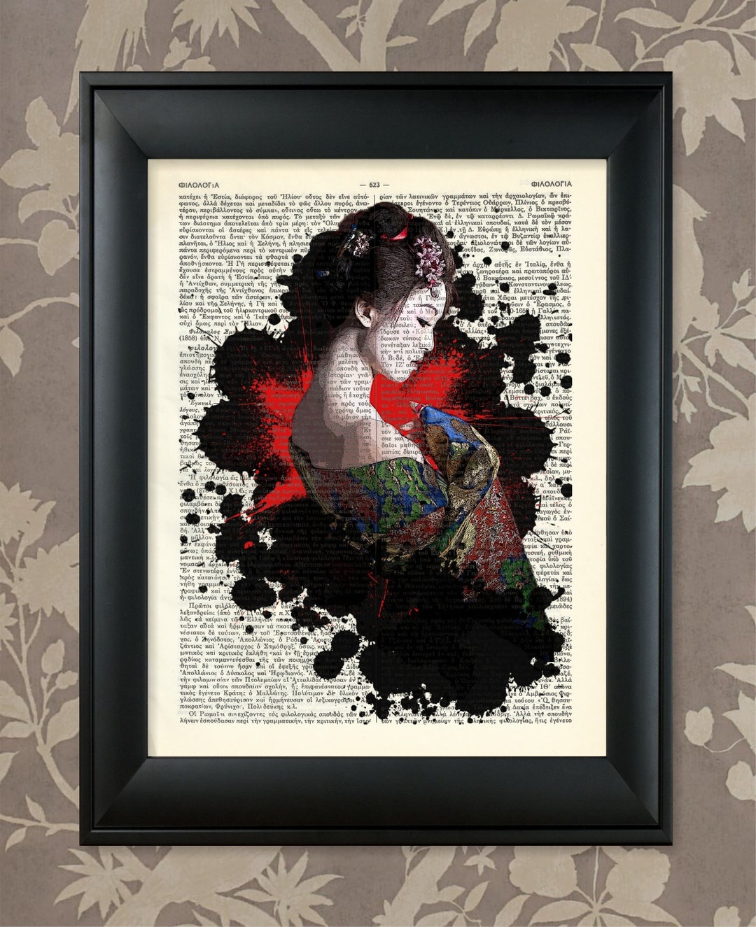 Japanese Geisha Shy / Upcycled Dictionary Antique Book Page Art Print ...