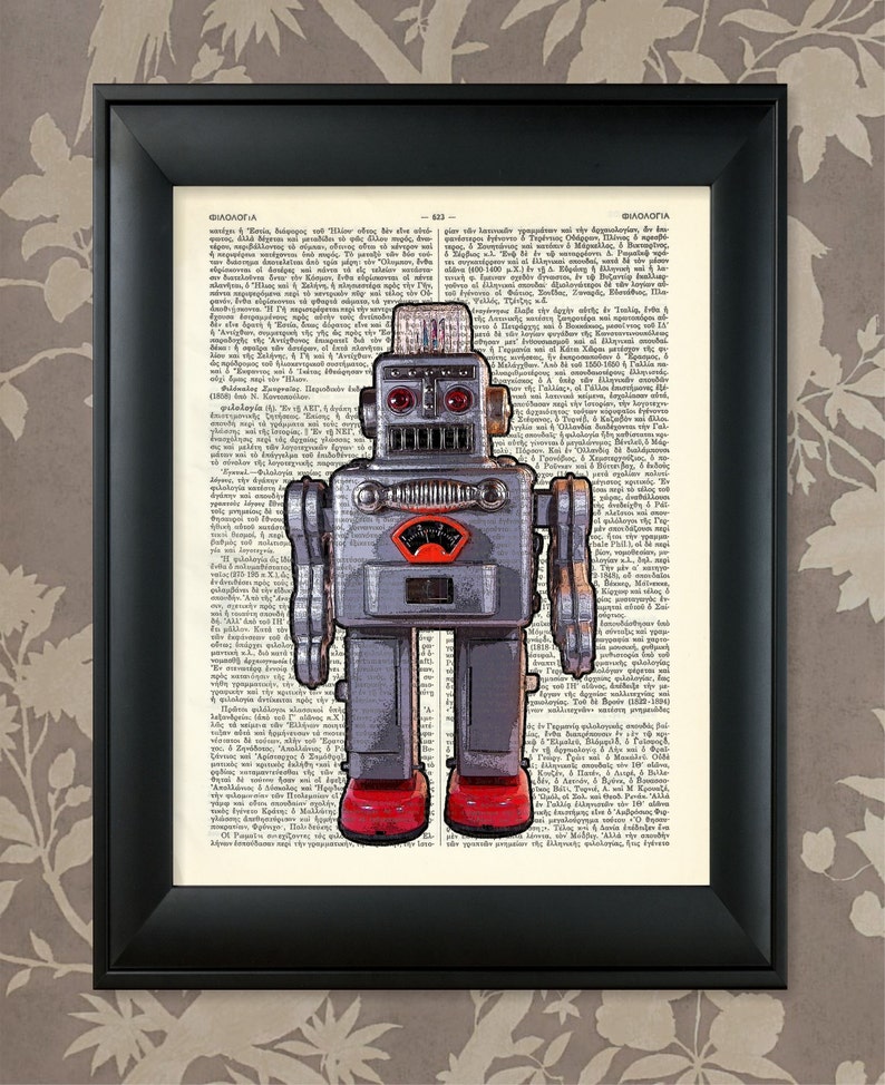 Retro Toy Robot - Decor Piece / Upcycled Dictionary Antique Book Page ...