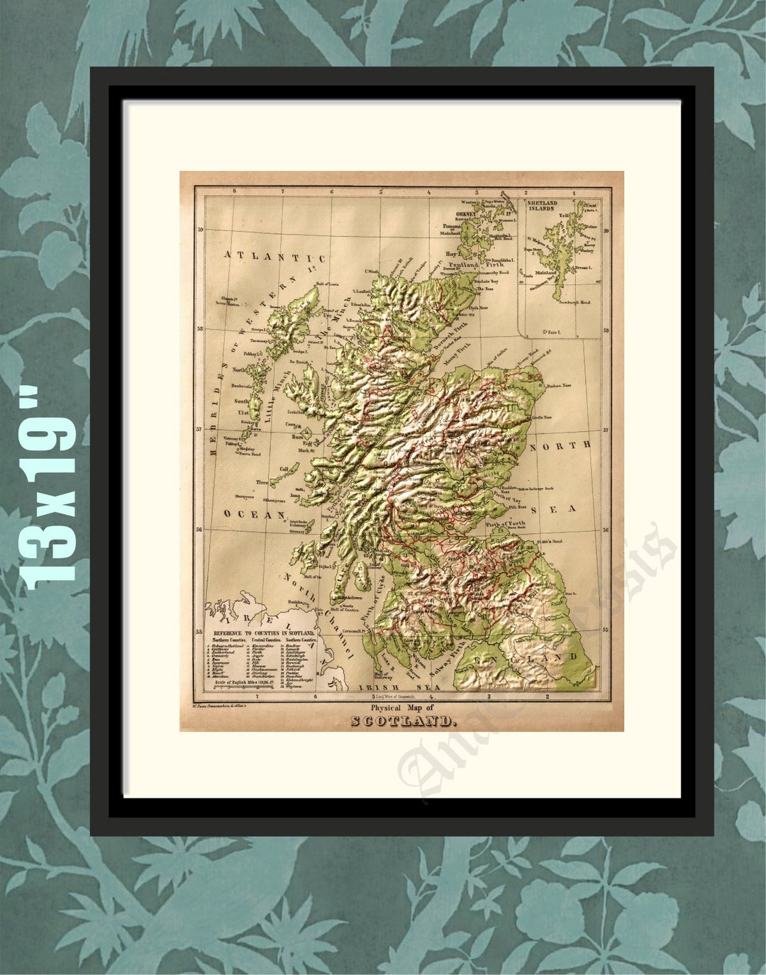 Scotland 1880, Physical Map, Scotland History, Scotland Map Print ...