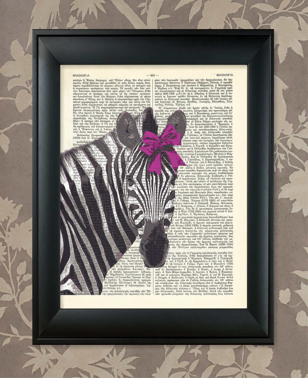 Zebra Pink Ribbon / Upcycled Dictionary Antique Art Print / 8.5"x11 ...
