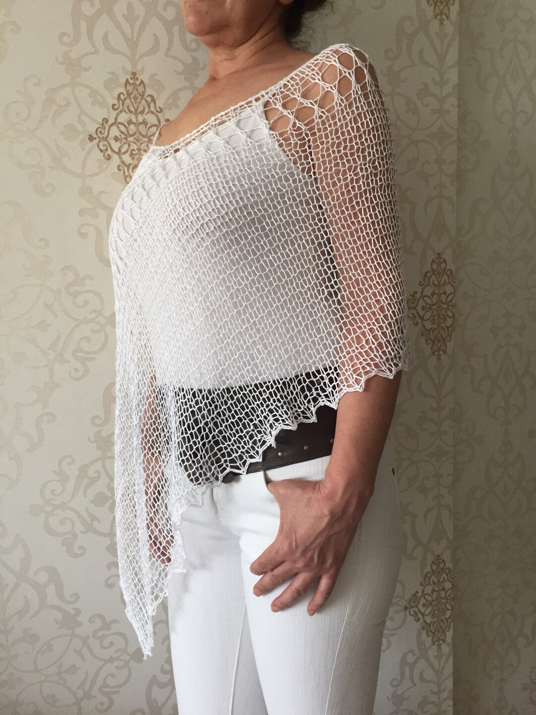 Summer Poncho , Knit Summer Poncho , Knitted Summer Wrap , White Summer ...