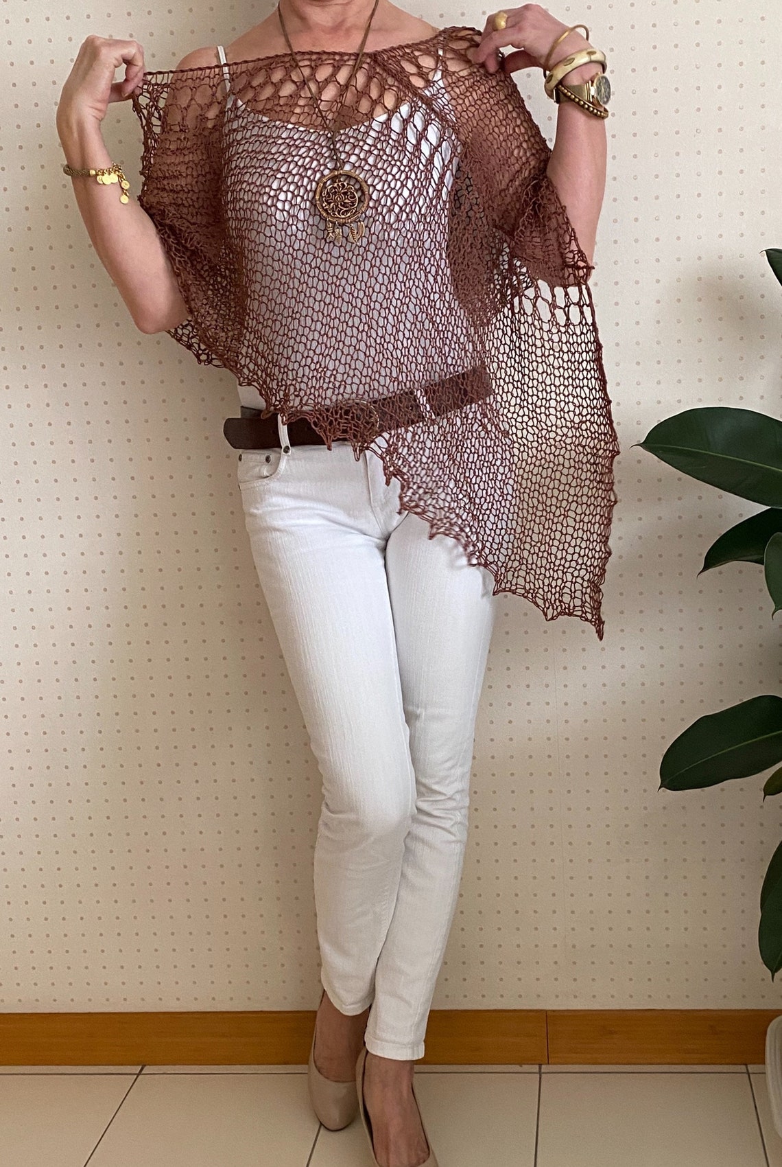 Summer Cotton Poncho for Women, Brown Chic Poncho, Bohemian Summer Wear ...