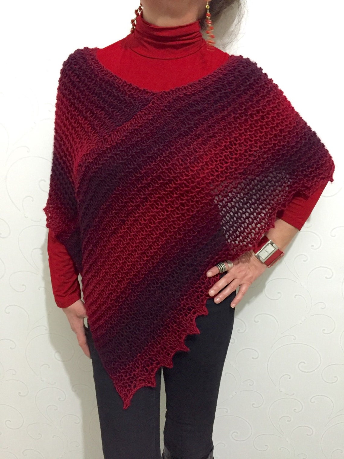 Red Wool Poncho, Red and Burgundy Poncho Sweater, Knit Shawl, Knitted ...