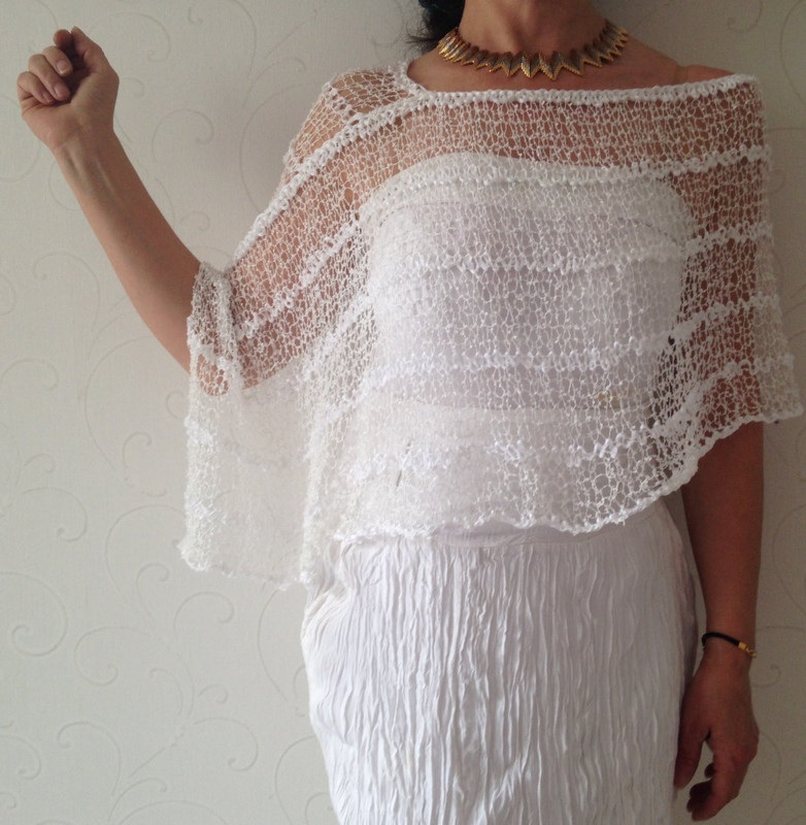 Summer White Poncho, Wedding Shrug, Bridal Poncho, Knit Summer Top ...