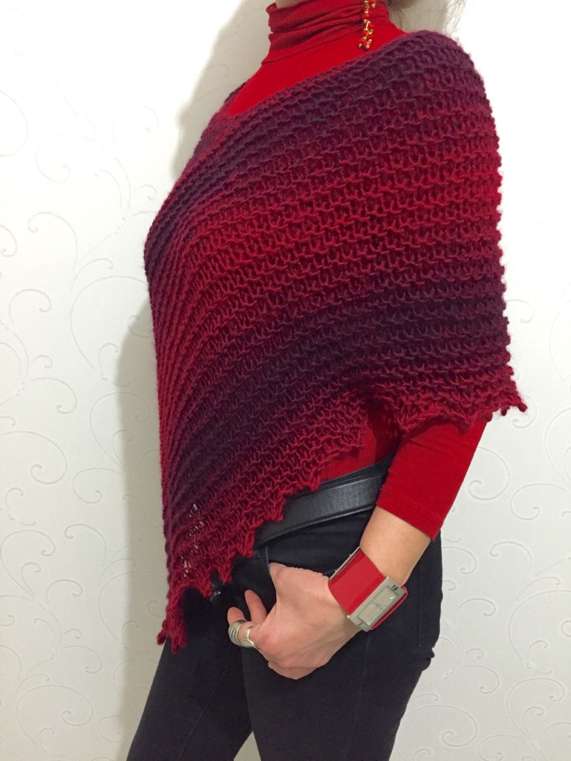 Red Wool Poncho, Red and Burgundy Poncho Sweater, Knit Shawl, Knitted ...