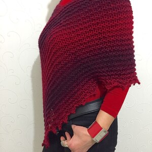 Red Wool Poncho, Red and Burgundy Poncho Sweater, Knit Shawl, Knitted ...