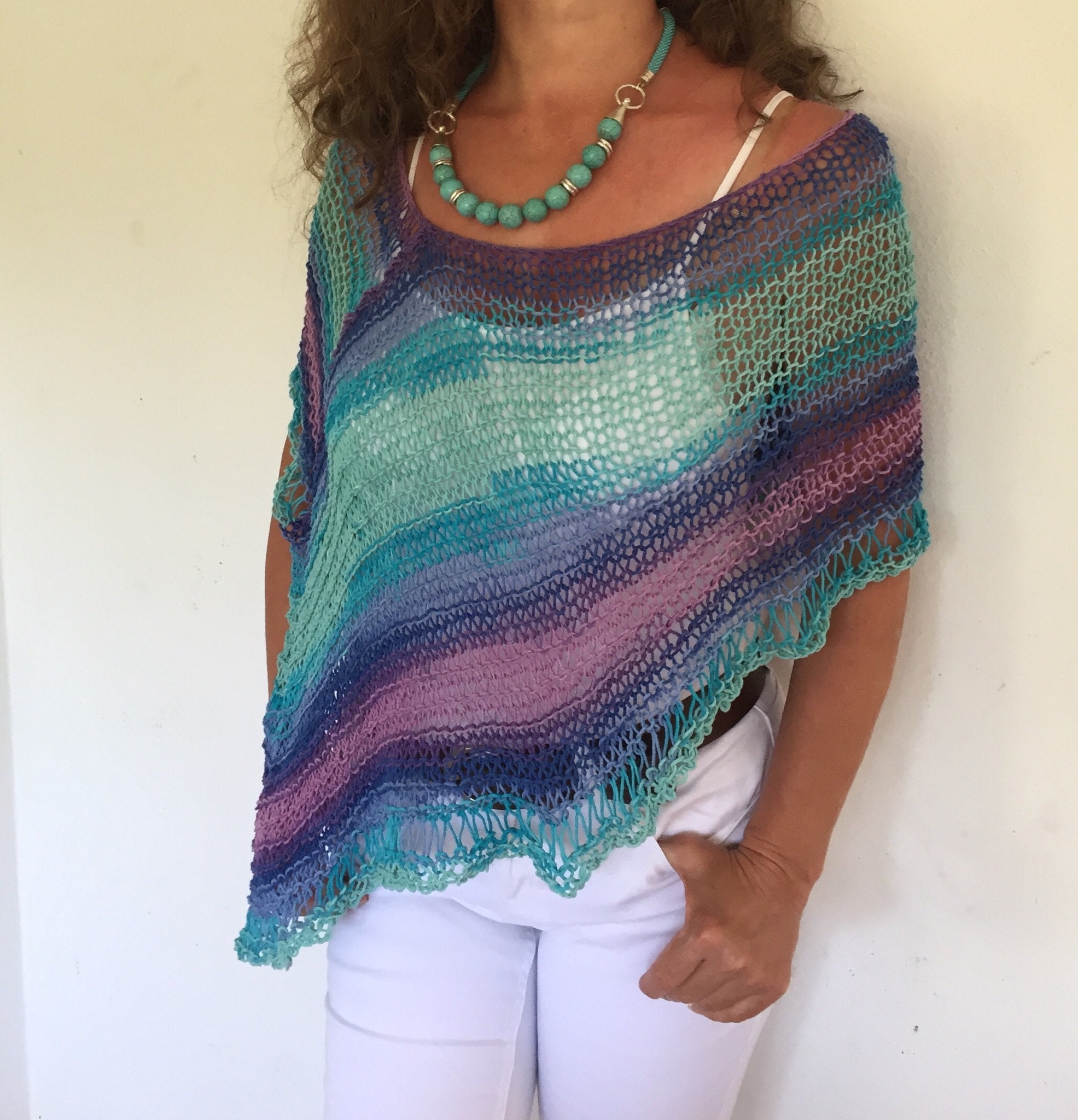 Cotton Summer Poncho, Loose Knit Boho Chic, Summer Cover Up, Colorful ...