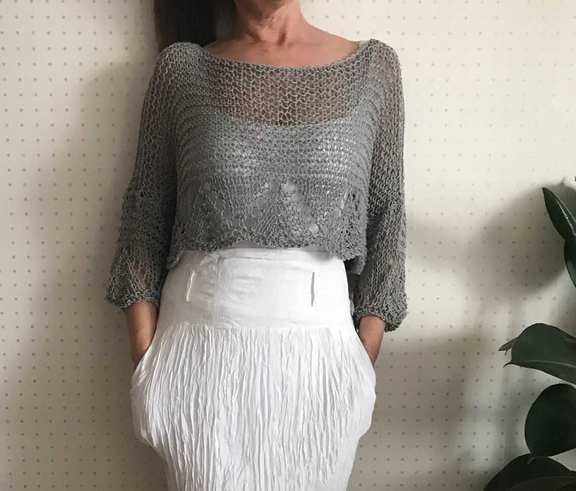 Knit Crop Top, Gray Knit Sweater, Handknit Summer Top, Boho Chic Wear ...