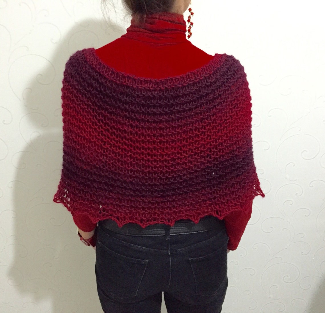 Red Wool Poncho, Red and Burgundy Poncho Sweater, Knit Shawl, Knitted ...