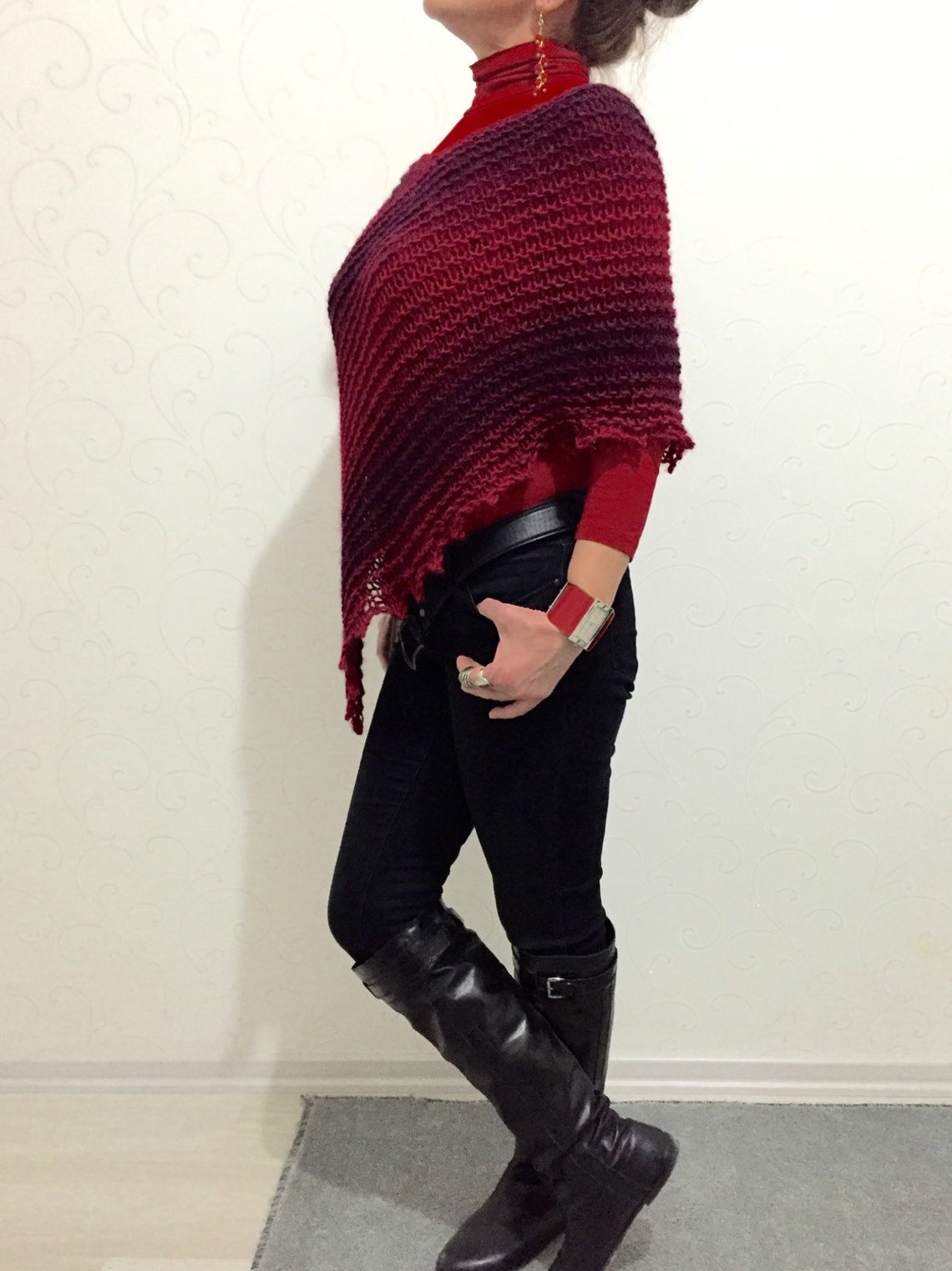 Red Wool Poncho, Red and Burgundy Poncho Sweater, Knit Shawl, Knitted ...