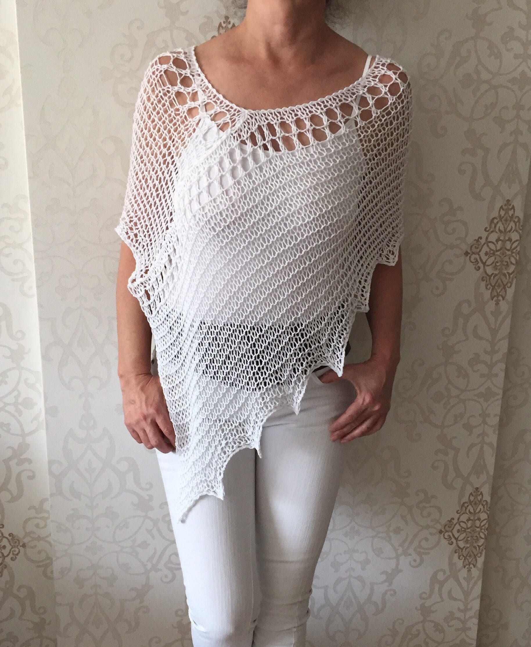 Summer Poncho , Knit Summer Poncho , Knitted Summer Wrap , White Summer ...