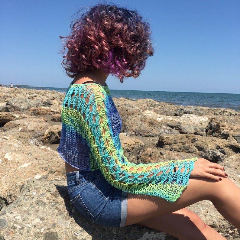 Ombre Green Blue Crop Top Fishnet Top See Through Long Sleeve Net Tops ...